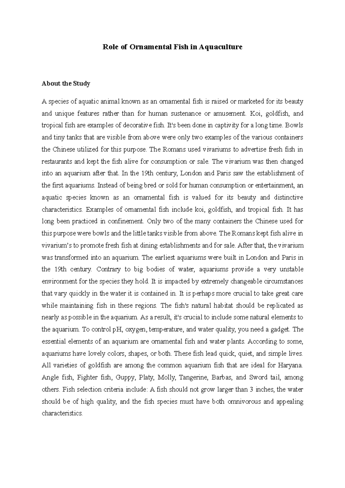 Role of Ornamental Fish in Aquaculture - notes - Role of Ornamental ...