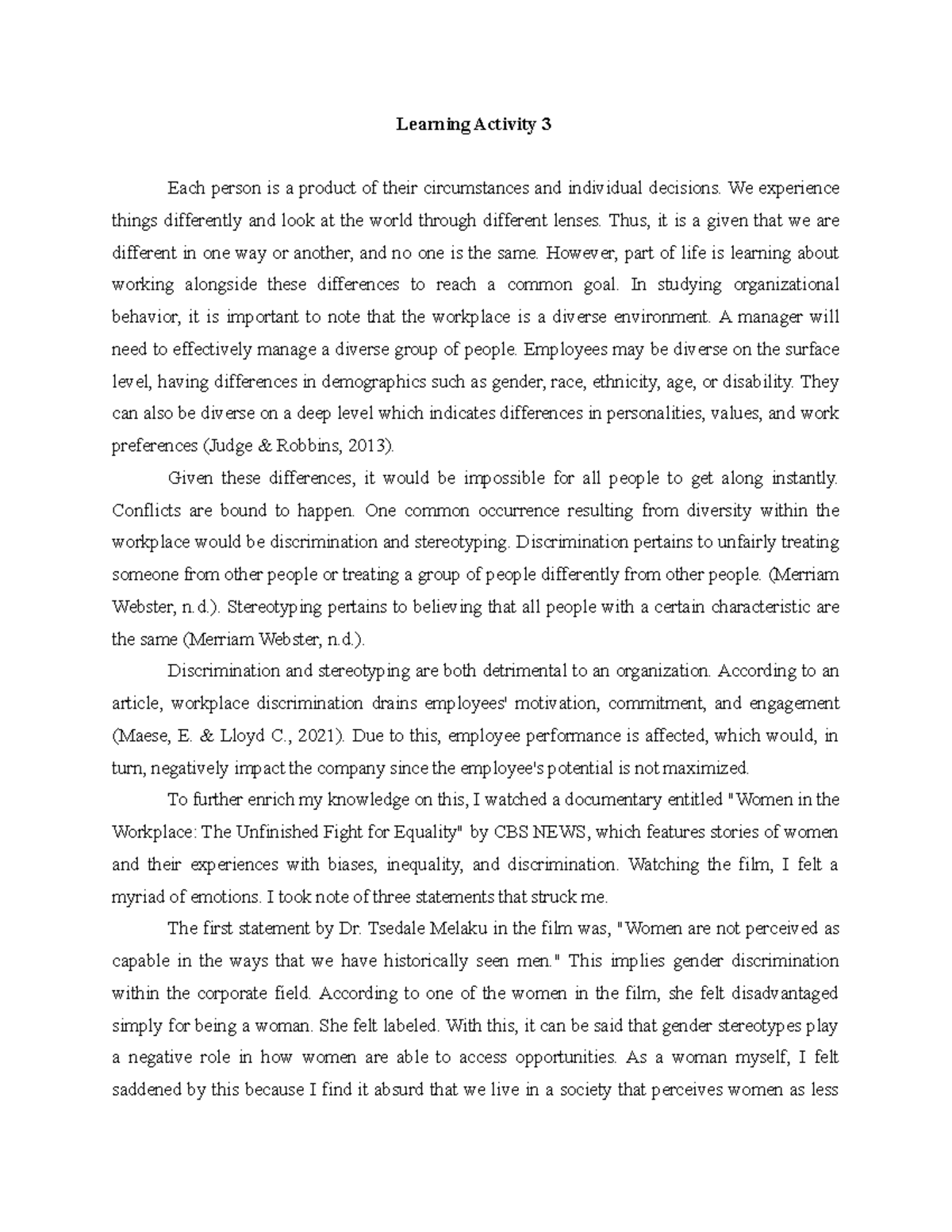 LA 3 - Human behavior in Organization - Learning Activity 3 Each person ...