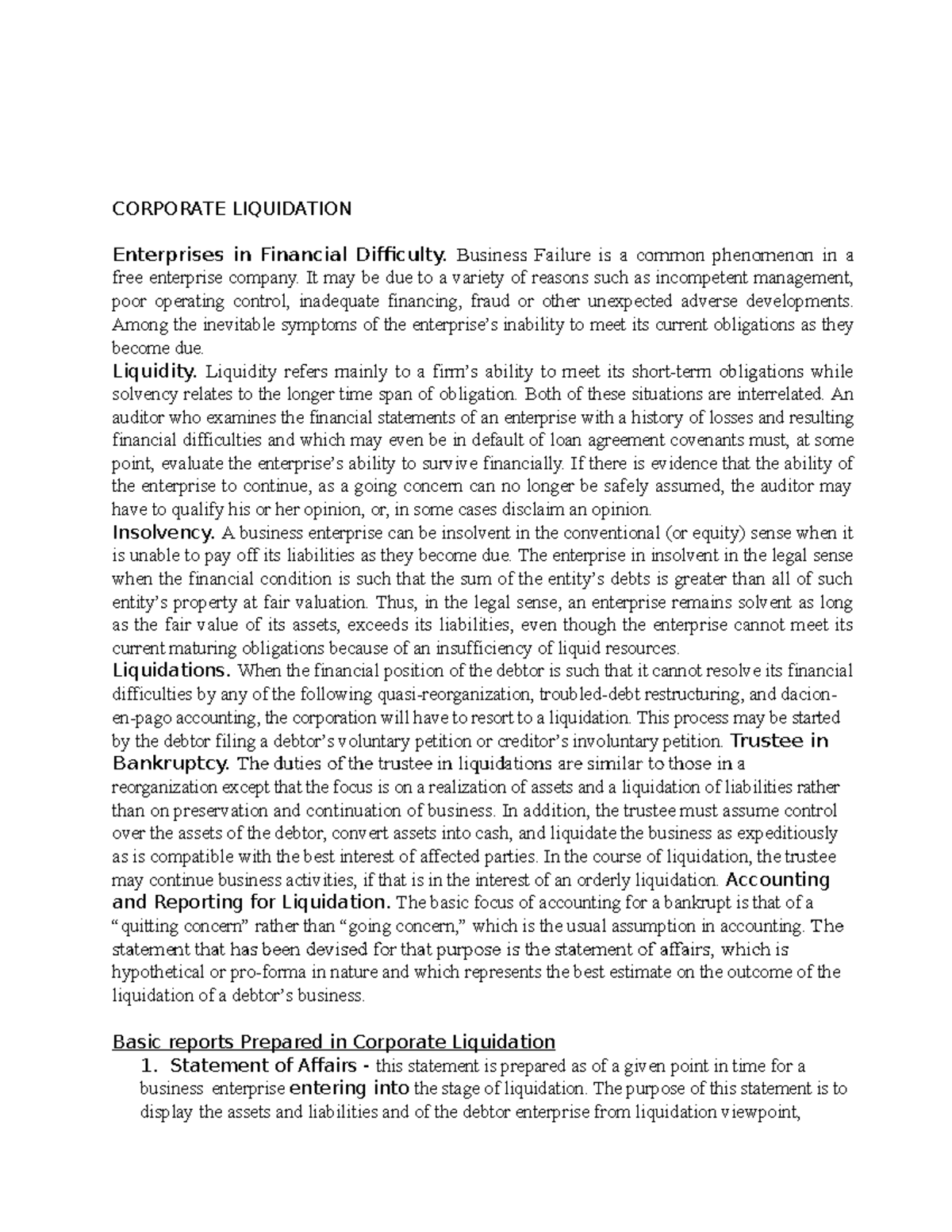 Corporate Liquidation- Notes & Assignment - CORPORATE LIQUIDATION ...