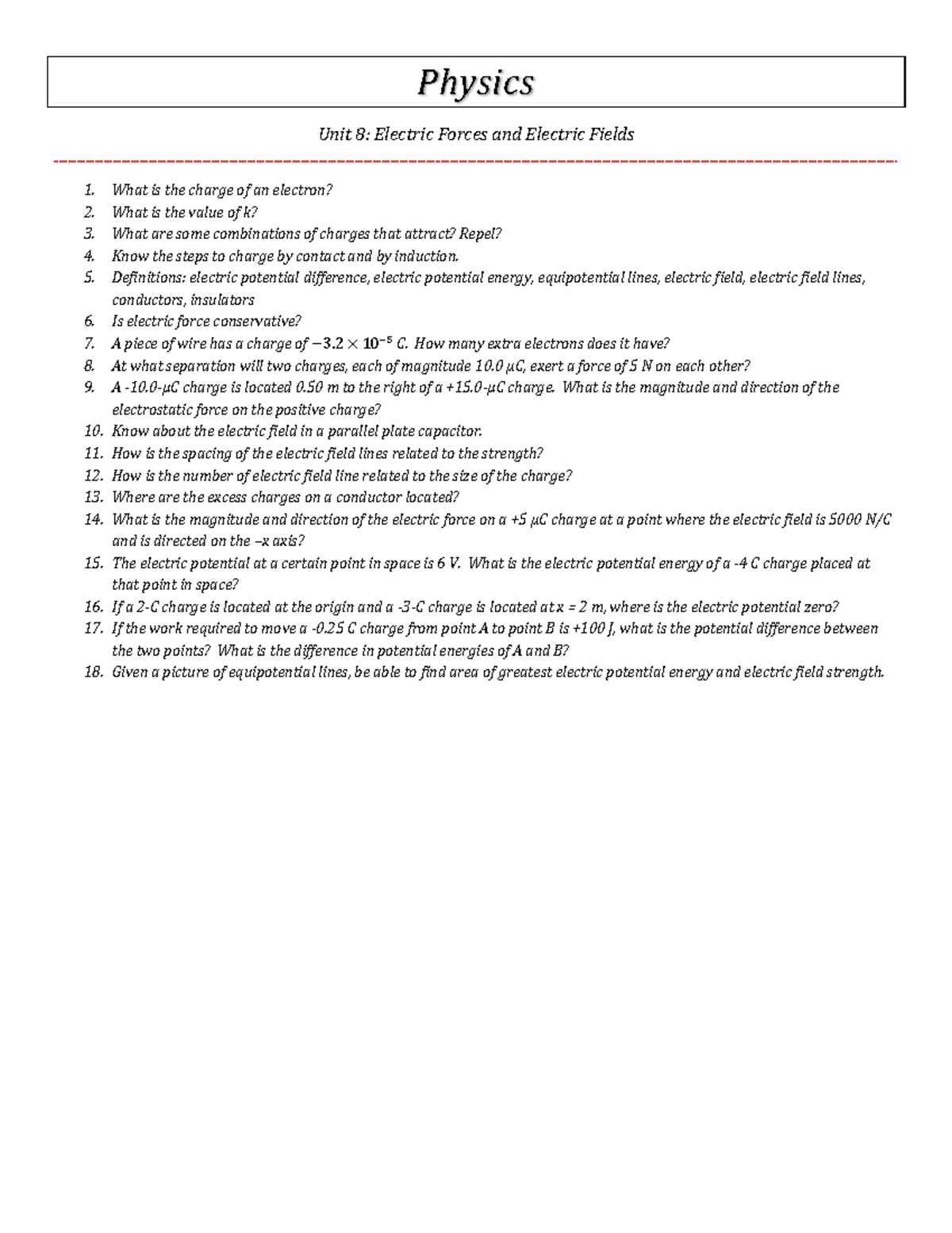 Physics Unit 08 Review (2020) - Physics Unit 8: Electric Forces and ...