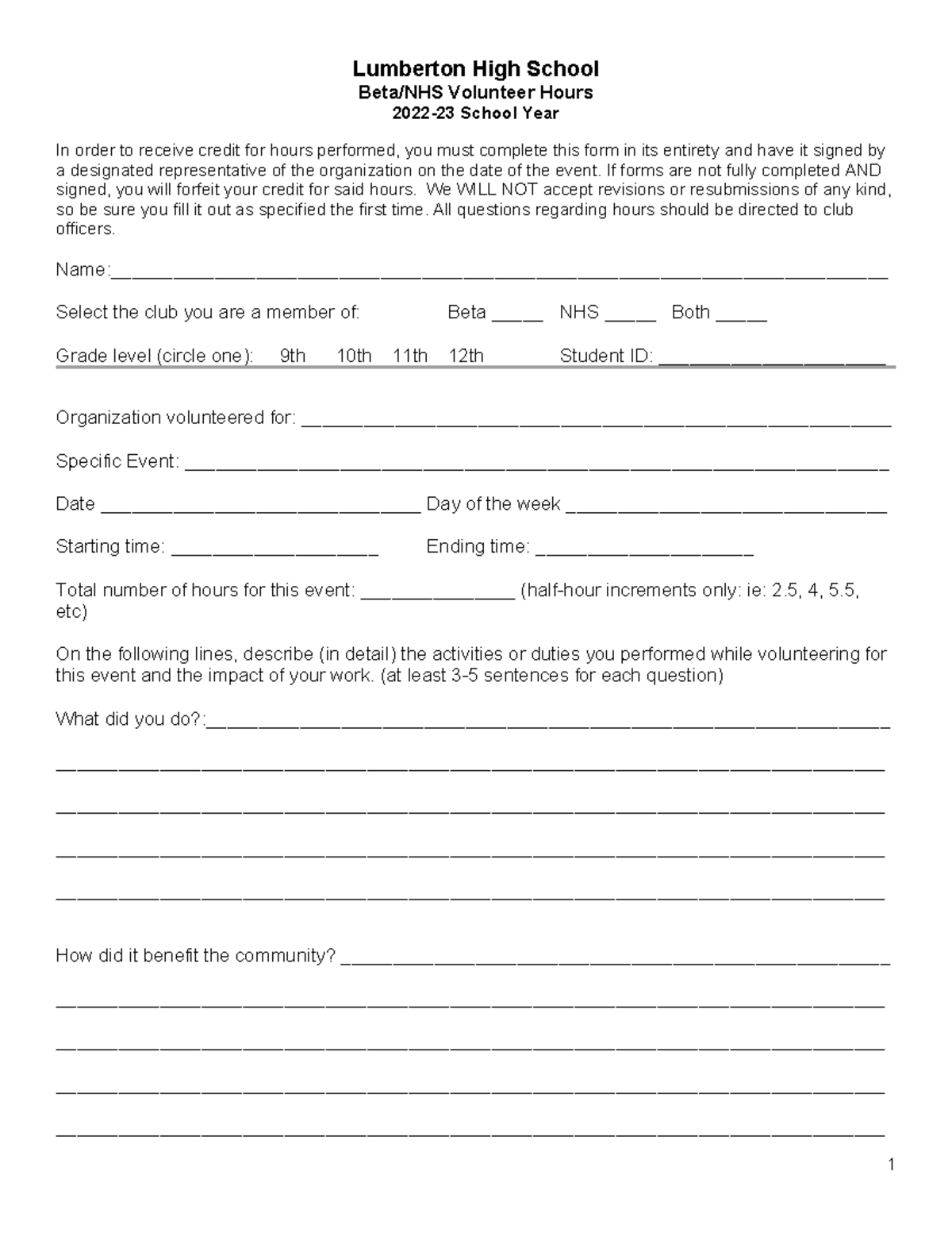 2022-23 Beta NHS Volunteer Form 2 - Lumberton High School Beta/NHS ...