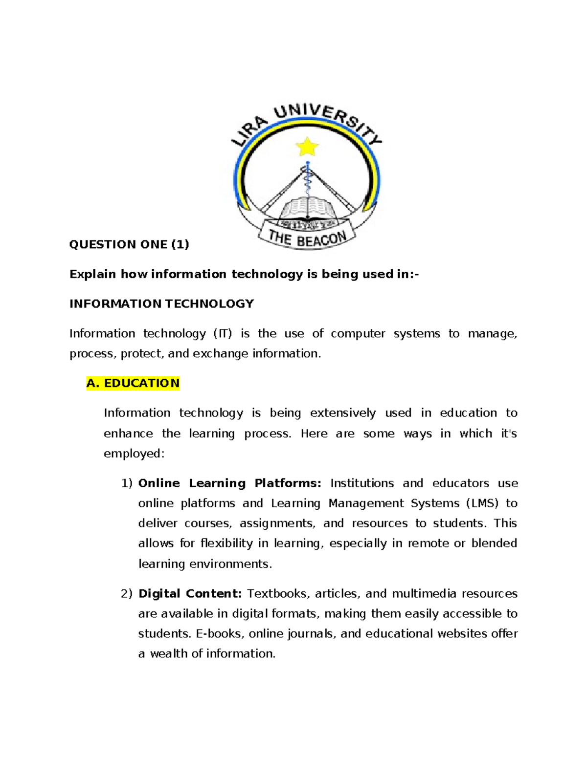 Applications OF IT - How IT is applied in different fields - QUESTION ...