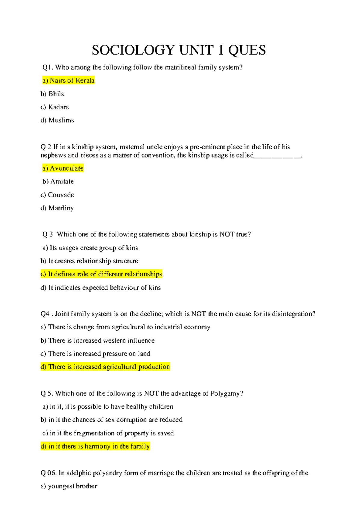 Sociology Answers-PDF - SOCIOLOGY UNIT 1 QUES Q1. Who among the ...