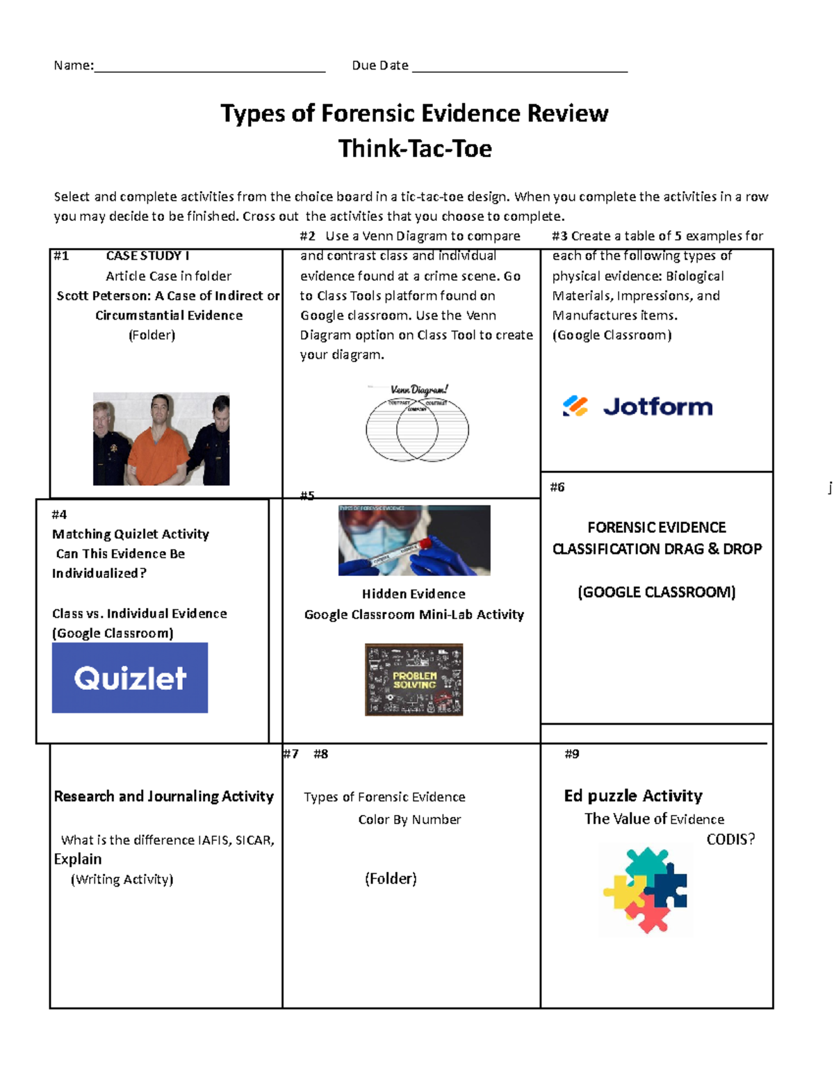 Tic Tac Toe Evidence - Choice Board Activity - j Name ...