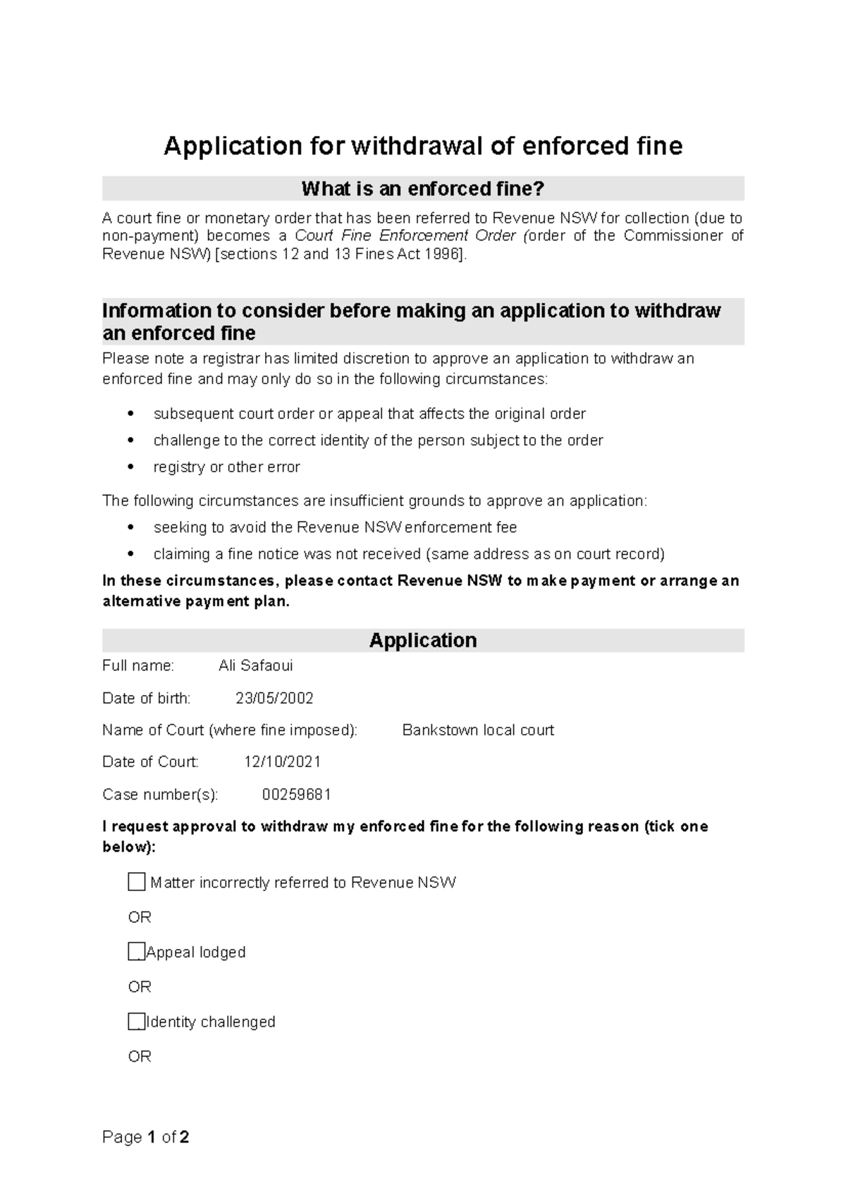 Application for withdrawal of enforced fine form - Application for ...