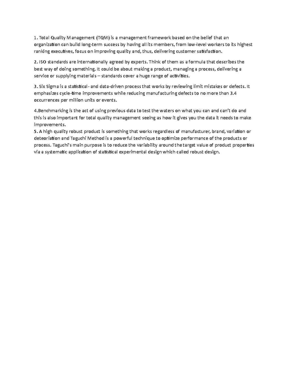 Managing Quality - answer key - Total Quality Management (TQM) is a ...