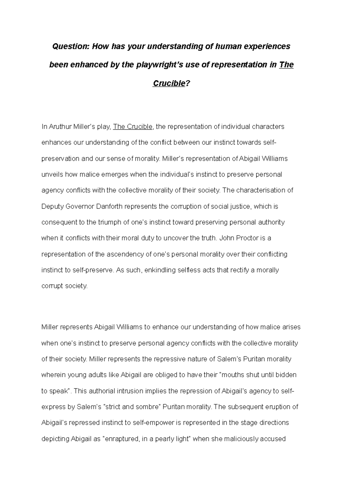 The Crucible Essay - Question: How has your understanding of human ...