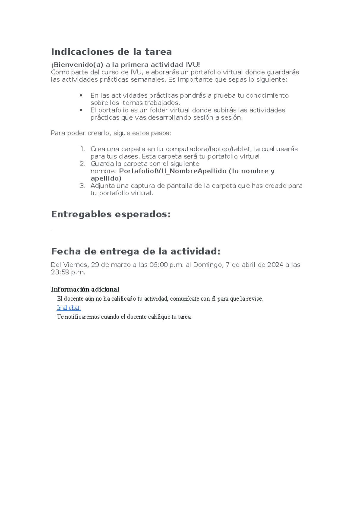 Indicaciones de la tarea ivu primera tarea - Indicaciones de la tarea ¡Bienvenido(a) a la ...