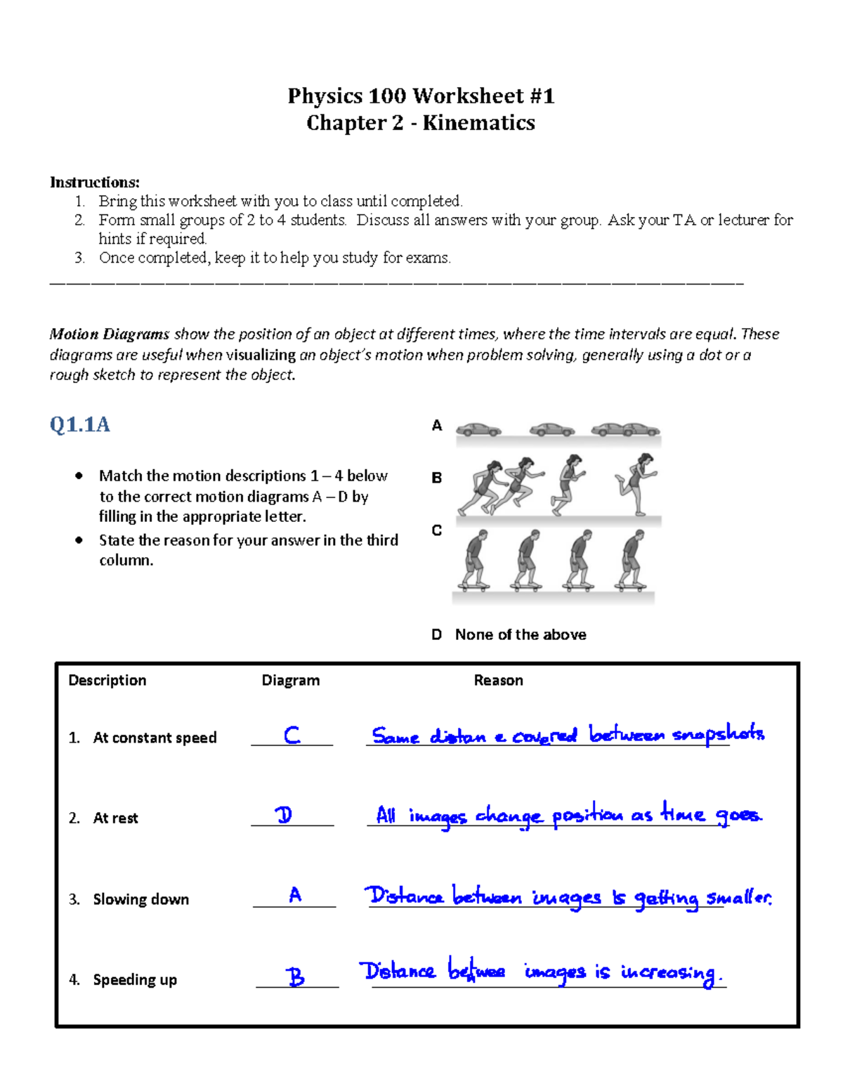 Kinematics worksheet solution - Physics 100 Worksheet Chapter 2 ...