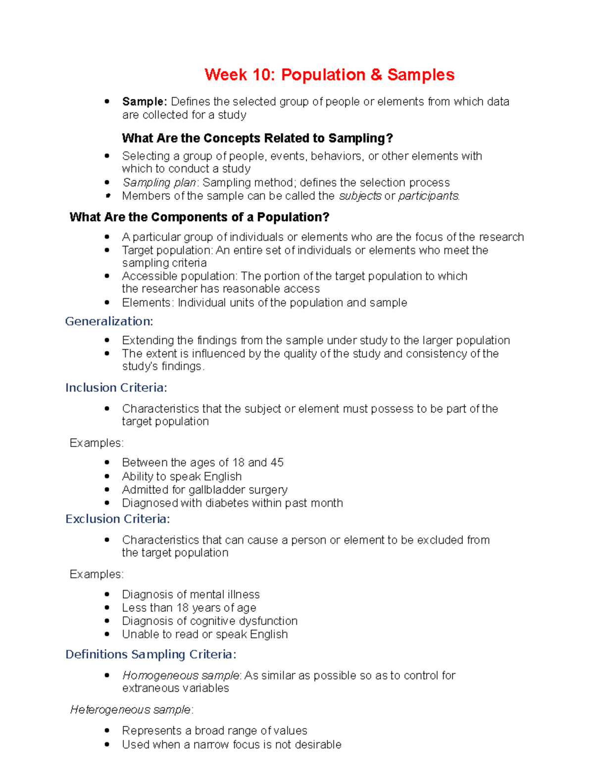 Week 10 - Notes - Week 10: Population & Samples Sample: Defines the ...