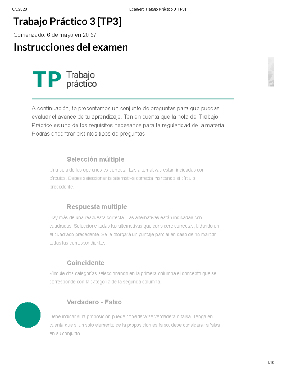 TP3 100 % - Trabajo Práctico 3 [TP3] Comenzado: 6 de mayo en 20: Instrucciones del examen A ...