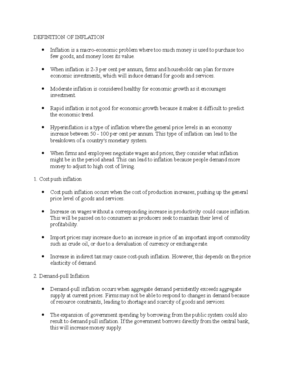 Inflation summary - DEFINITION OF INFLATION Inflation is a macro ...
