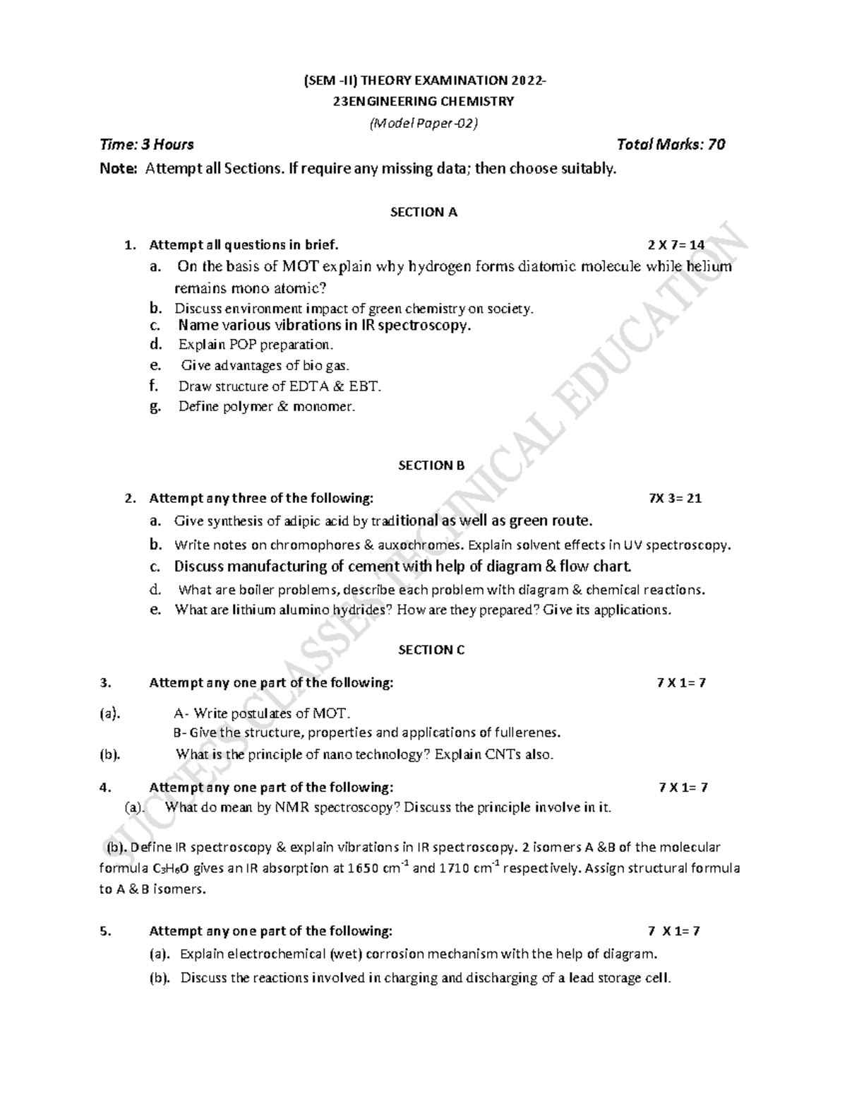Model Paper 2 Chemistry - (SEM -II) THEORY EXAMINATION 2022 ...