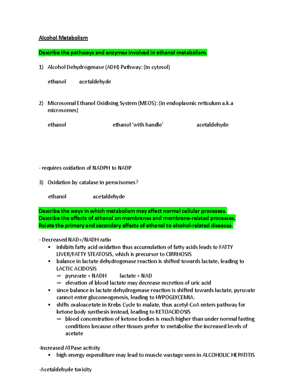 Alcohol Metabolism Condensed - Alcohol Metabolism Describe the pathways ...