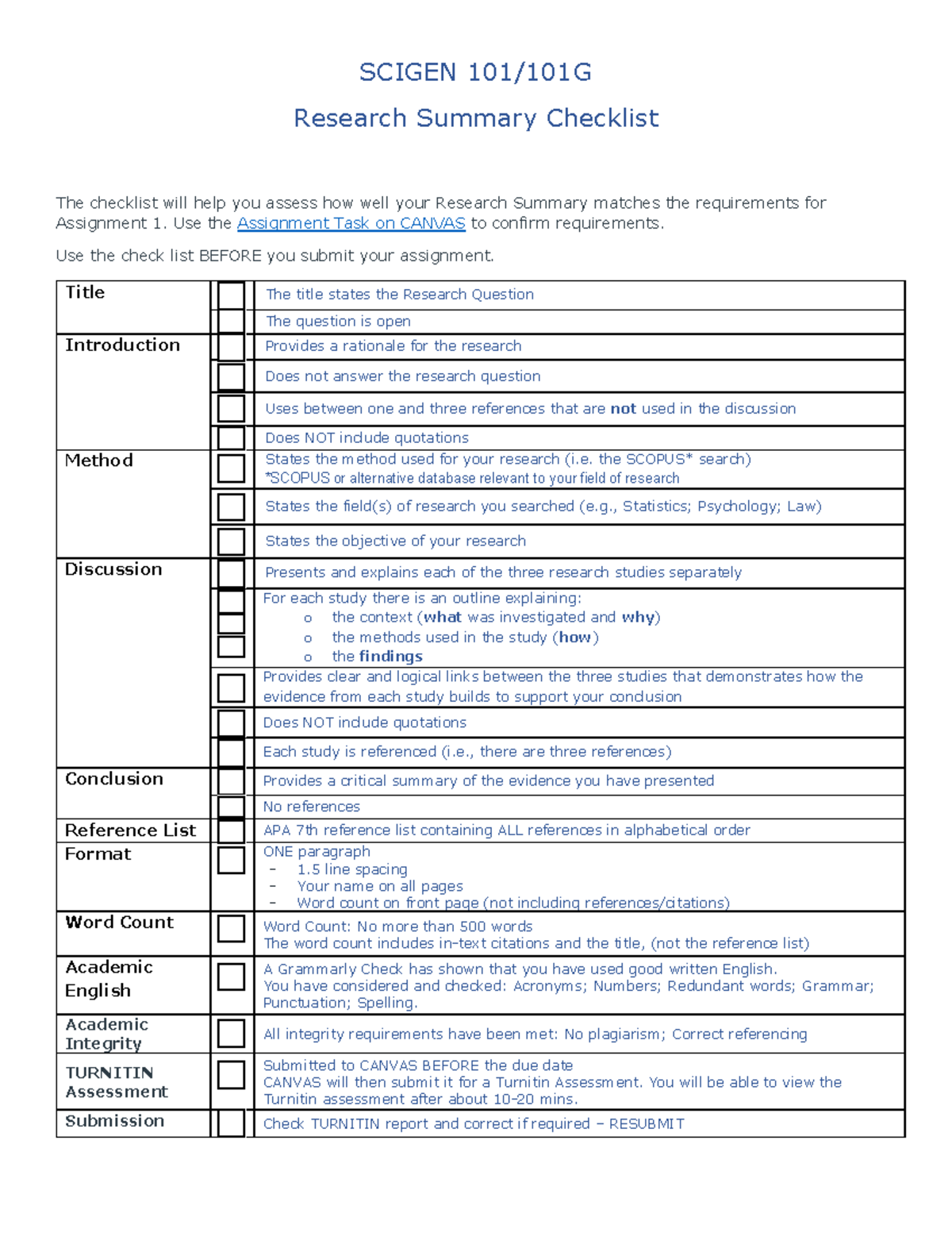 Assignment 1 Checklist Form Semester 1 2023 - SCIGEN 101/101G Research Summary Checklist The ...