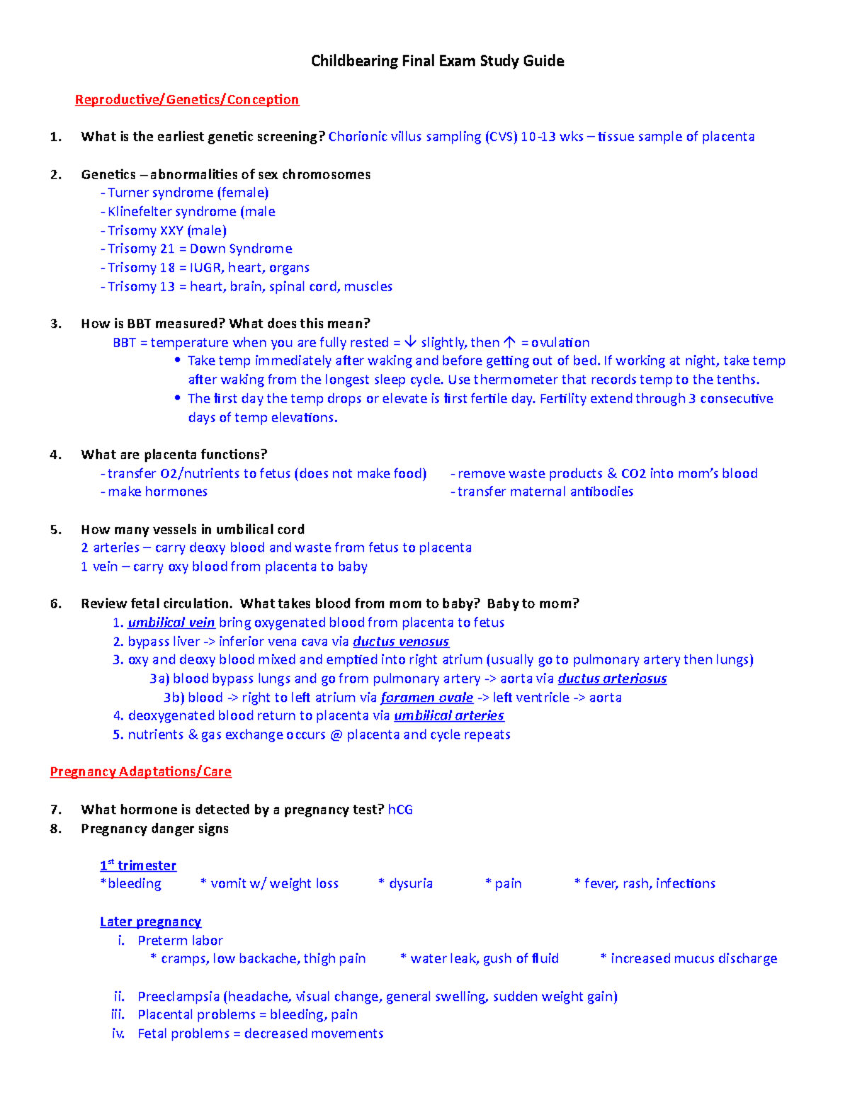 OB Final Exam Study Guide - Childbearing Final Exam Study Guide ...