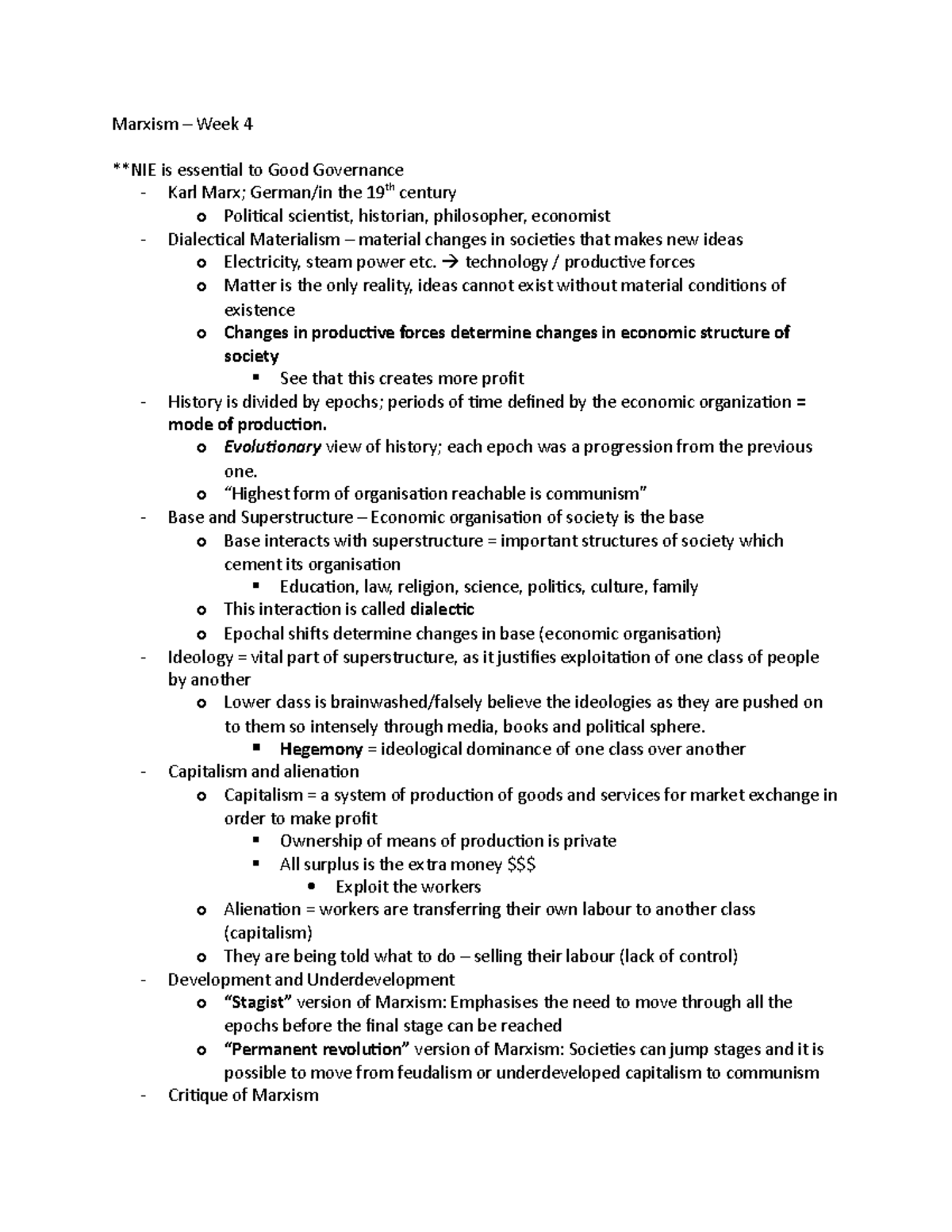 Marxism Lecture Notes-Week4-MP - Marxism – Week 4 **NIE is essential to ...