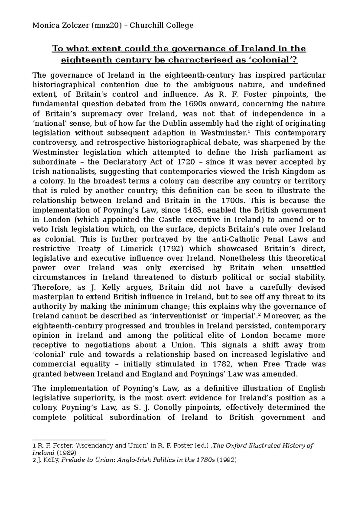 Essay - Ireland, 1689-1885 - Monica Zolczer (mnz20) – Churchill College ...