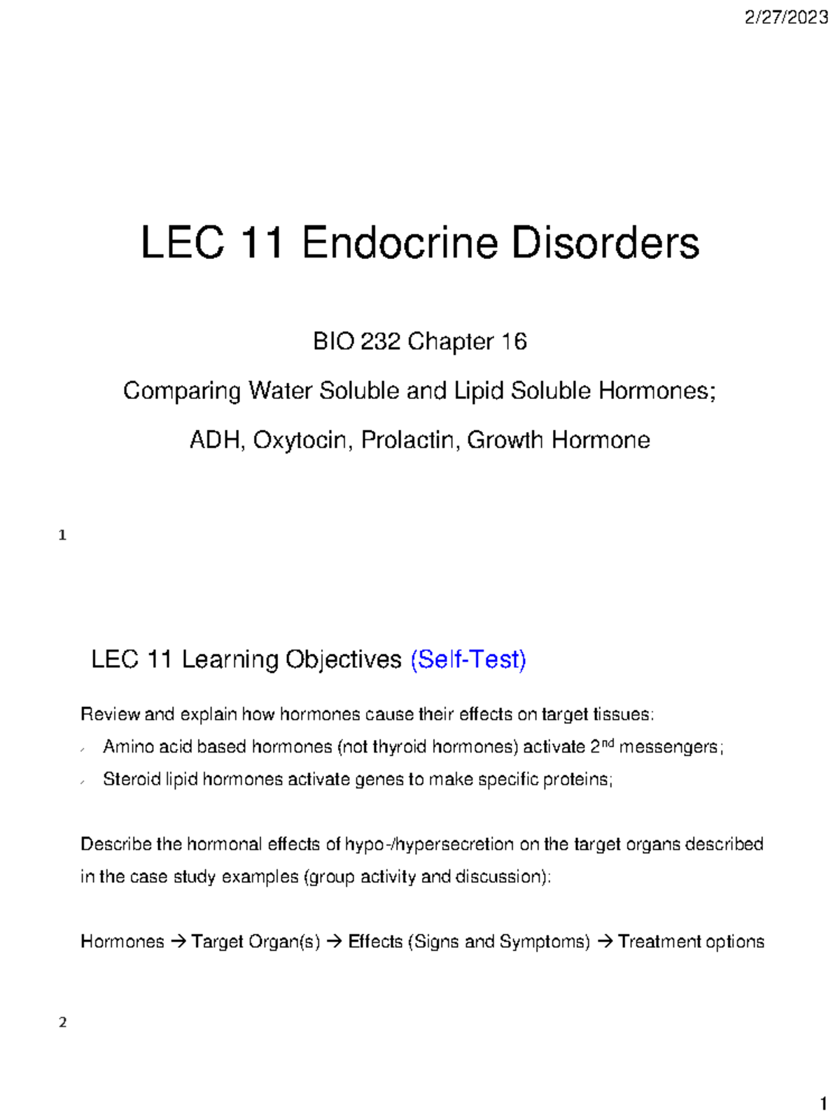 LEC 11 Endocrine Disorders Part 1 (2 Slides Per Page)-1 - LEC 11 ...