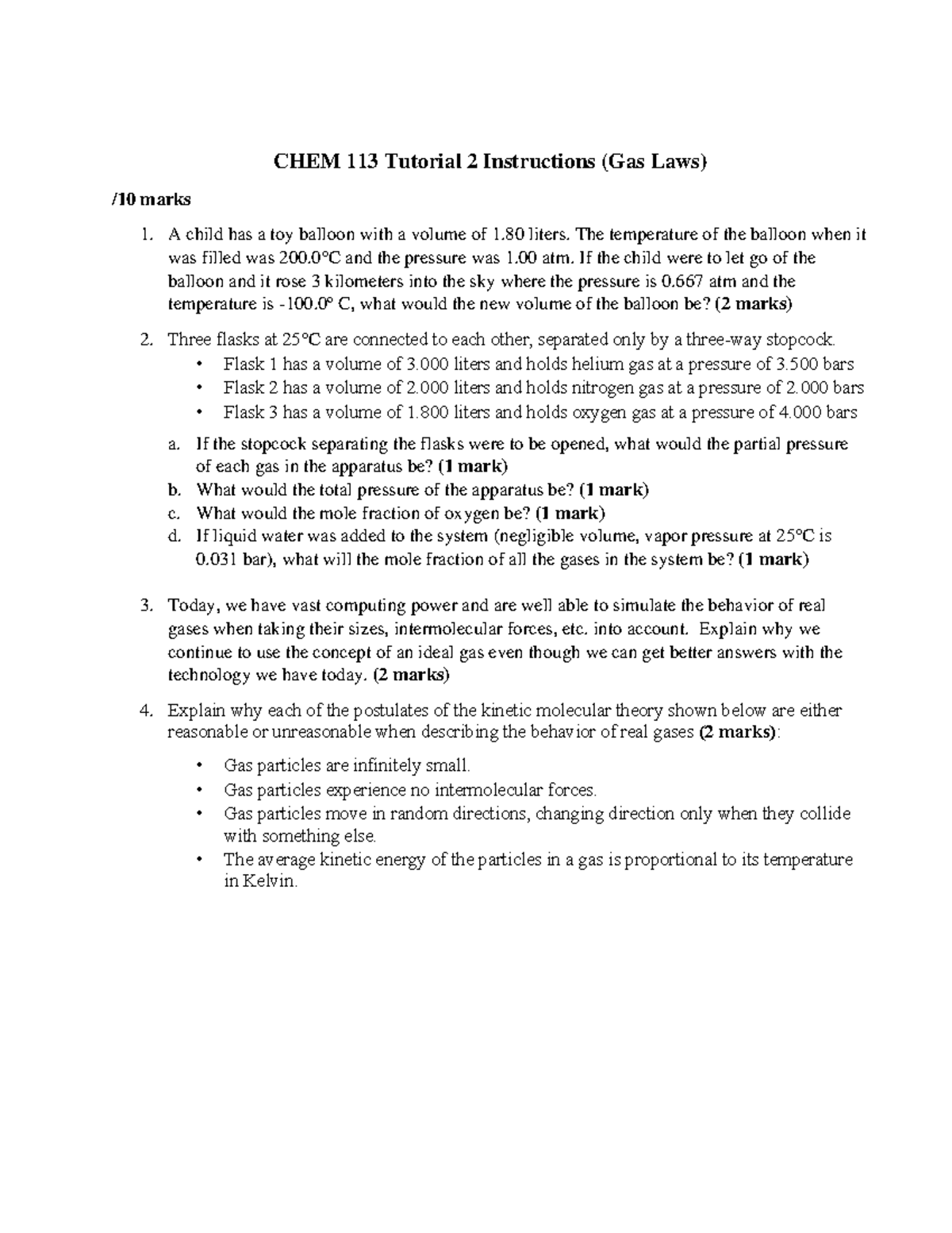CHEM113 Tutorial 2 - notes - CHEM 113 Tutorial 2 Instructions (Gas Laws ...