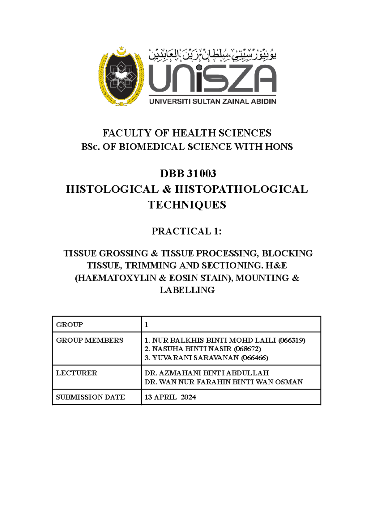 Practical Tissue processing technique,G1 - FACULTY OF HEALTH SCIENCES ...