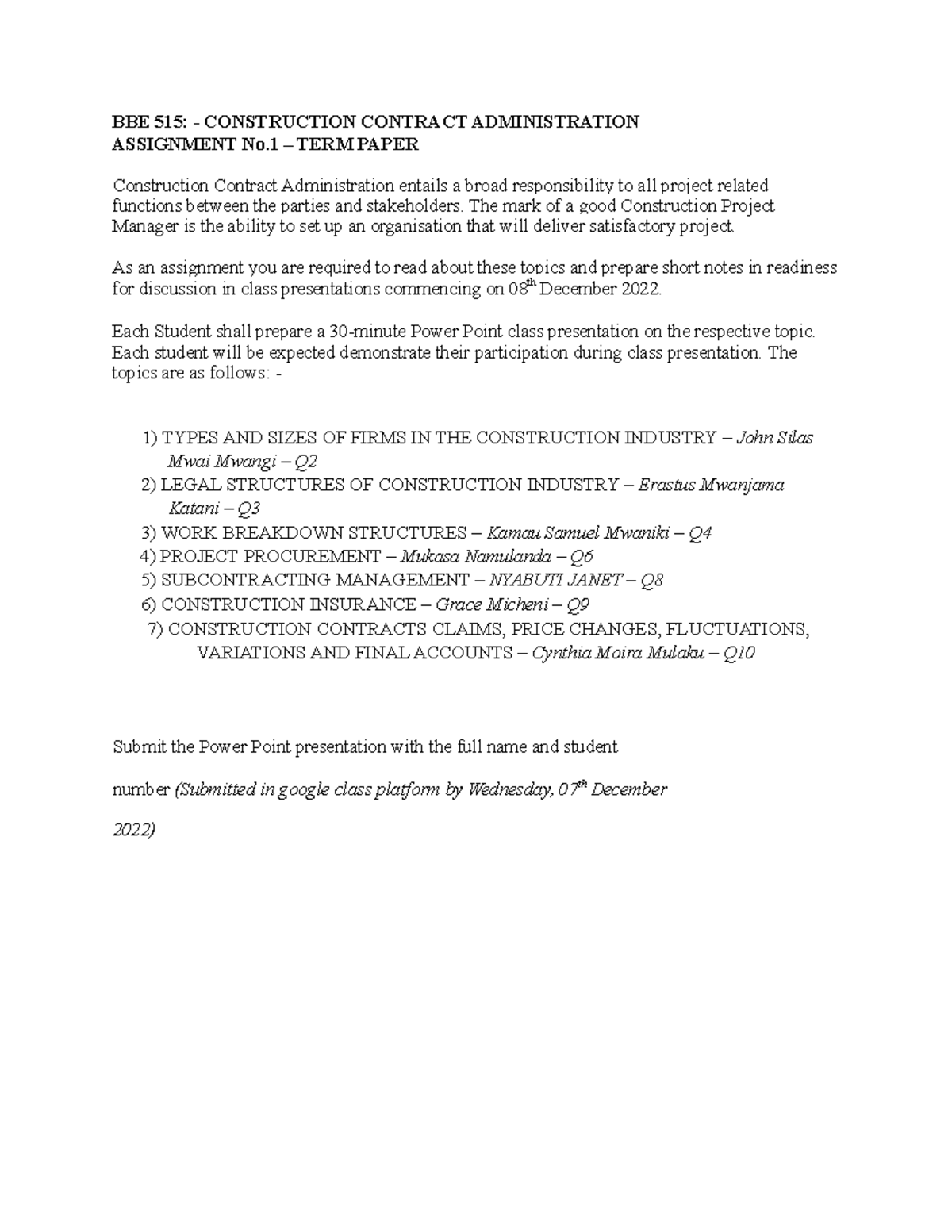 22 BBE 515 - Term Paper Assignment - BBE 515: - CONSTRUCTION CONTRACT ...