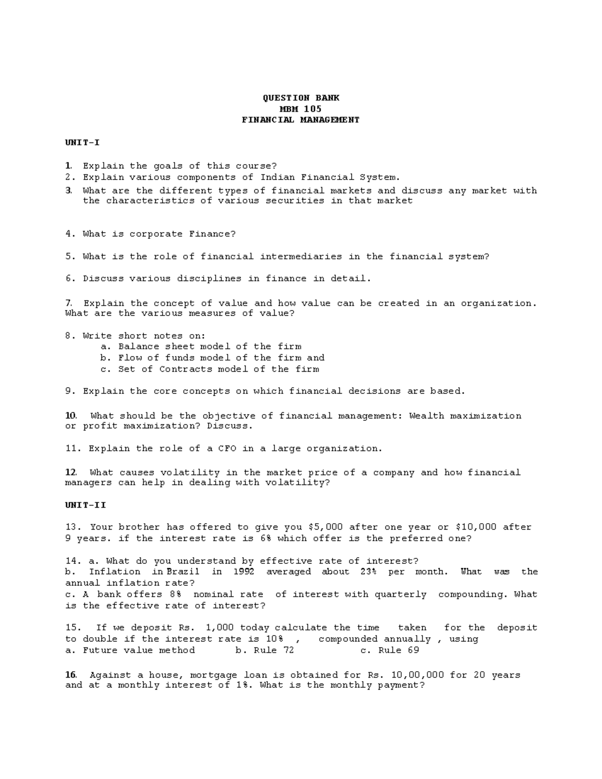 MBA 105 QB Financial Management - QUESTION BANK MBM 105 FINANCIAL ...