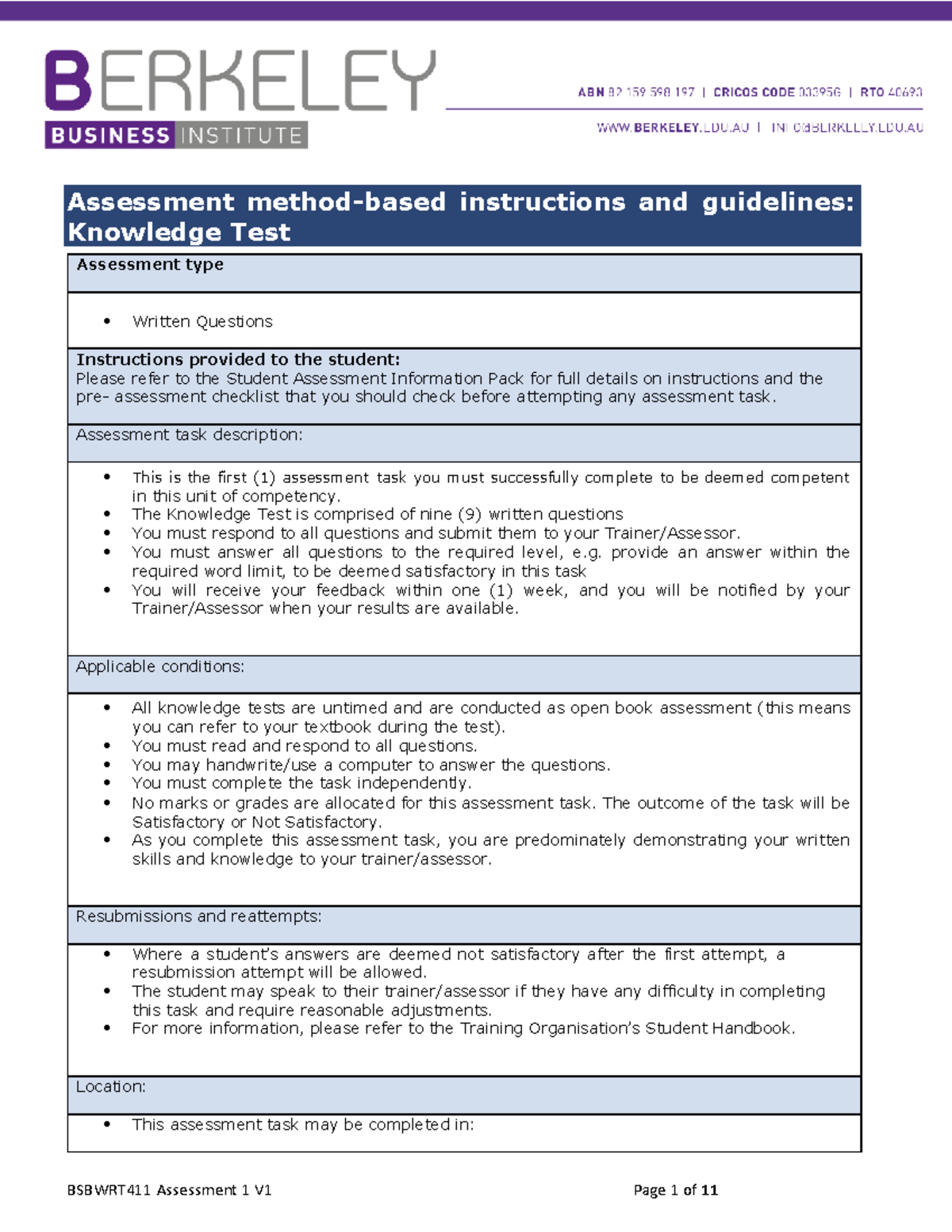 Bsbwrt 411 Assessment 1 - Assessment type Written Questions ...