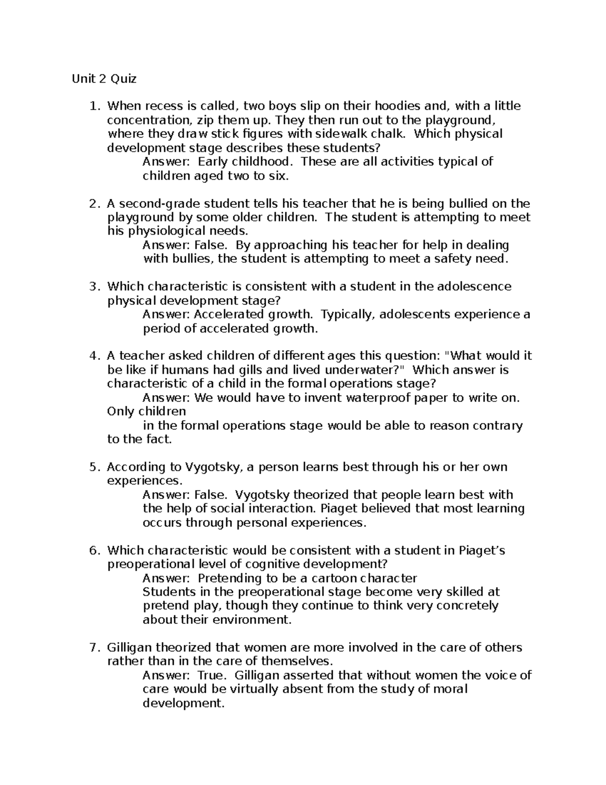 Unit 2 Quiz - Study Unit 2 quiz - Unit 2 Quiz 1. When recess is called ...