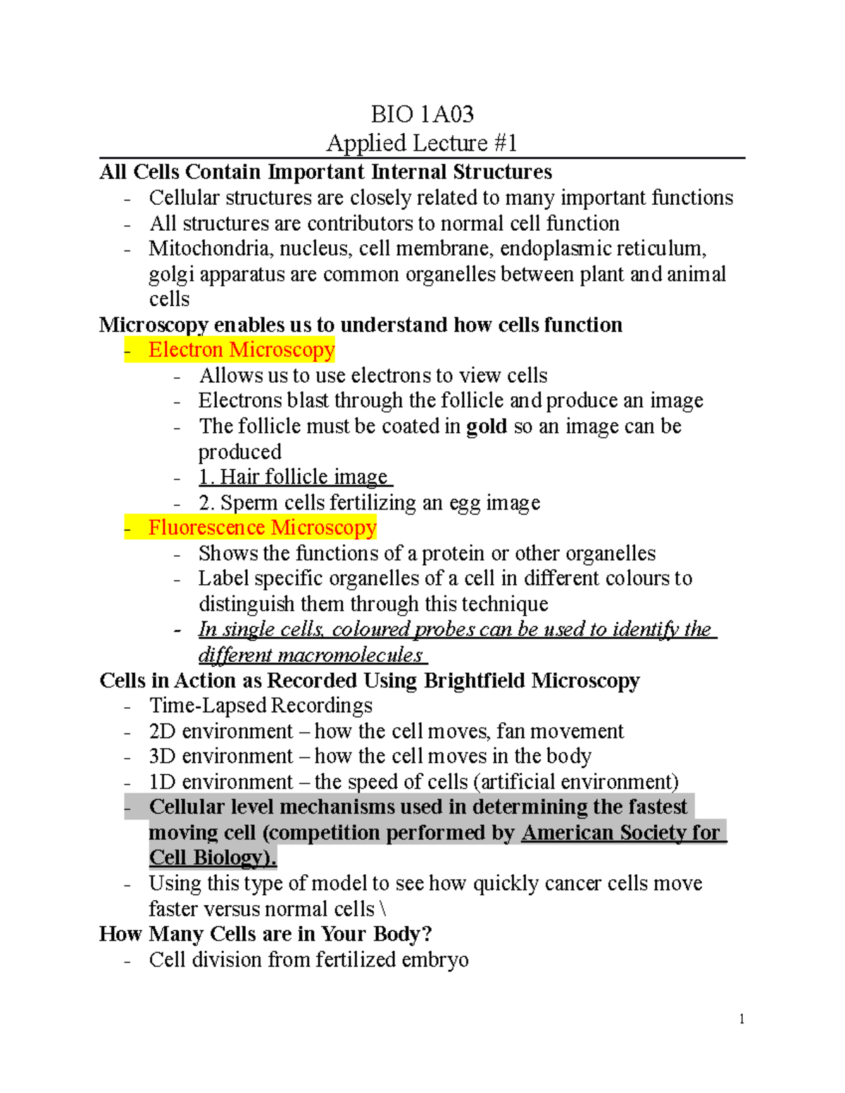 BIO 1A03 App.Lecture 1 - BIO 1A03 Applied Lecture All Cells Contain ...