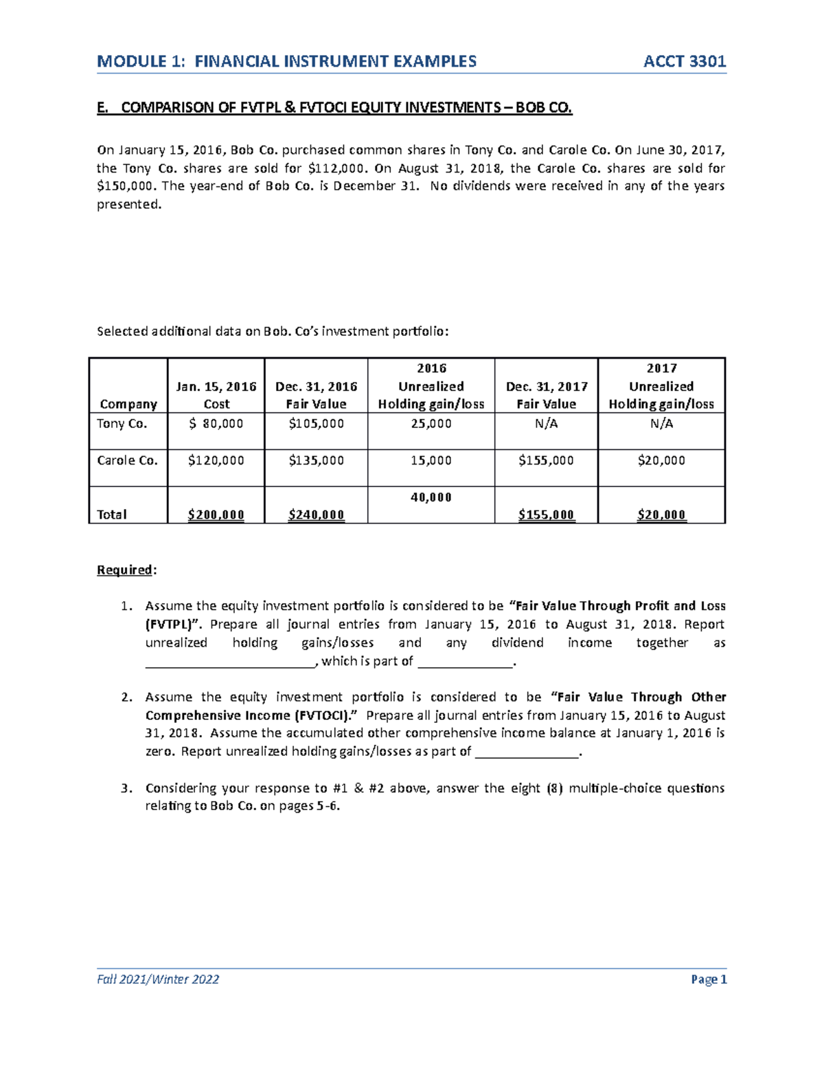 Module 1 Part E - E. COMPARISON OF FVTPL & FVTOCI EQUITY INVESTMENTS ...