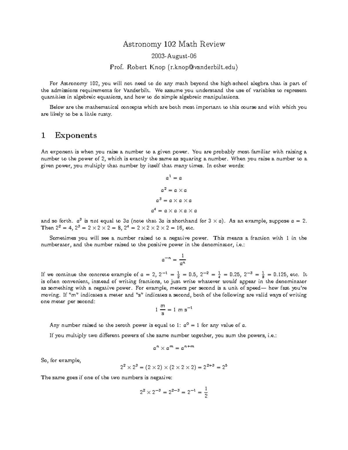 Physics Math Review - Astronomy 102 Math Review 2003-August- Prof ...