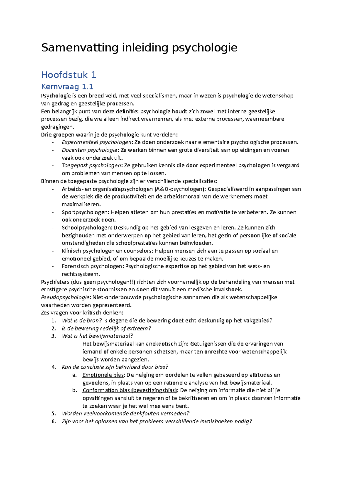 Samenvatting Psychologie Een Inleiding Samenvatting Inleiding
