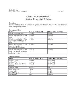 Limiting Reagent lab report - Lab report Chem 200 Limiting Reagent of ...