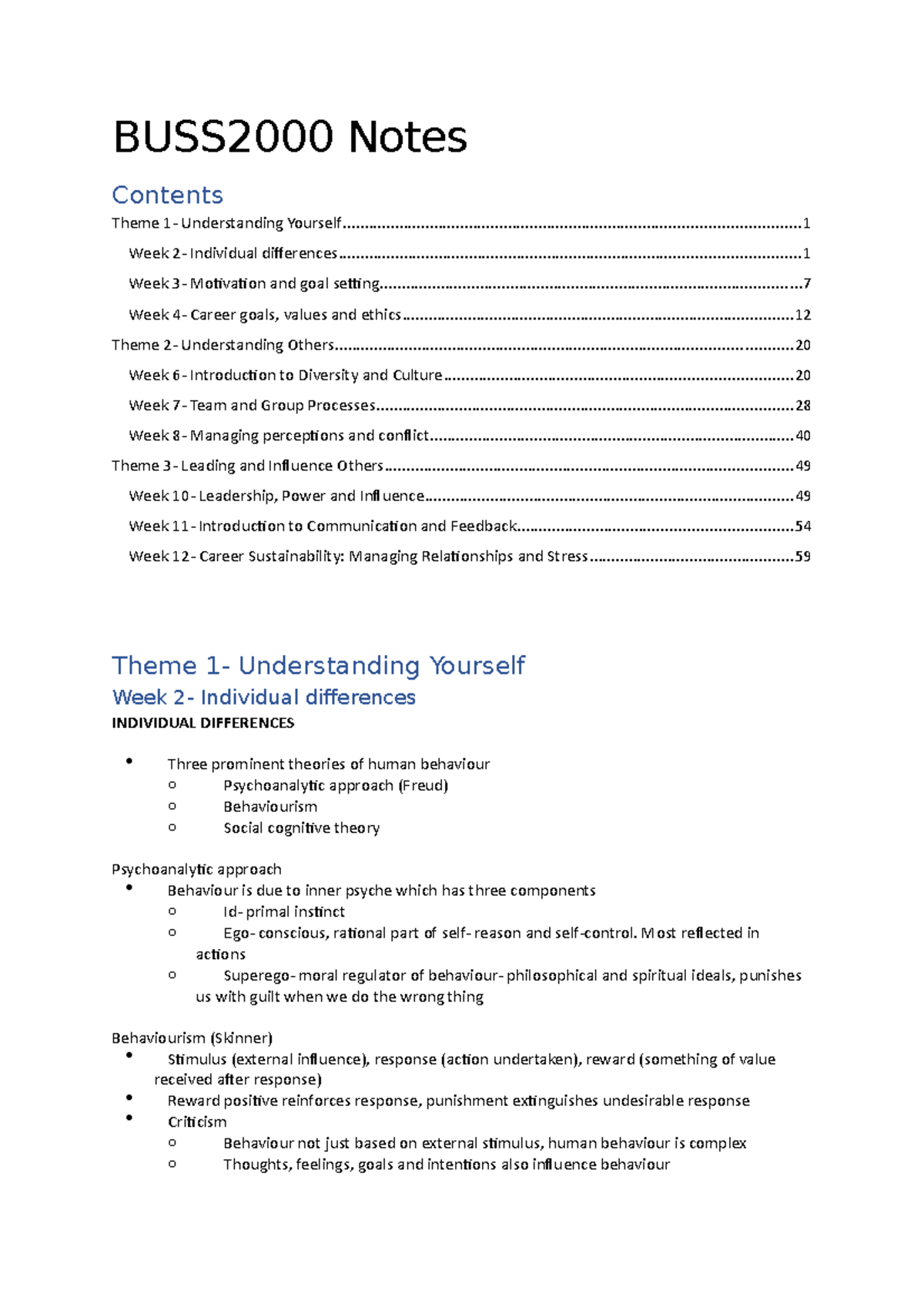 BUSS2000 Course Notes - Notes Contents Theme Understanding - Studocu
