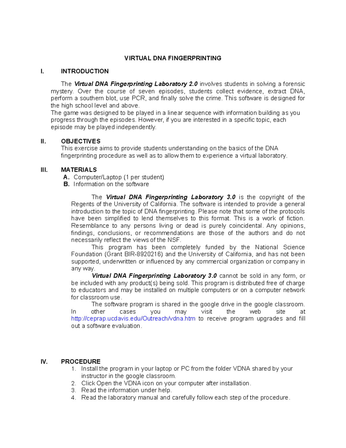 Virtual DNA Fingerprinting - VIRTUAL DNA FINGERPRINTING I. INTRODUCTION ...