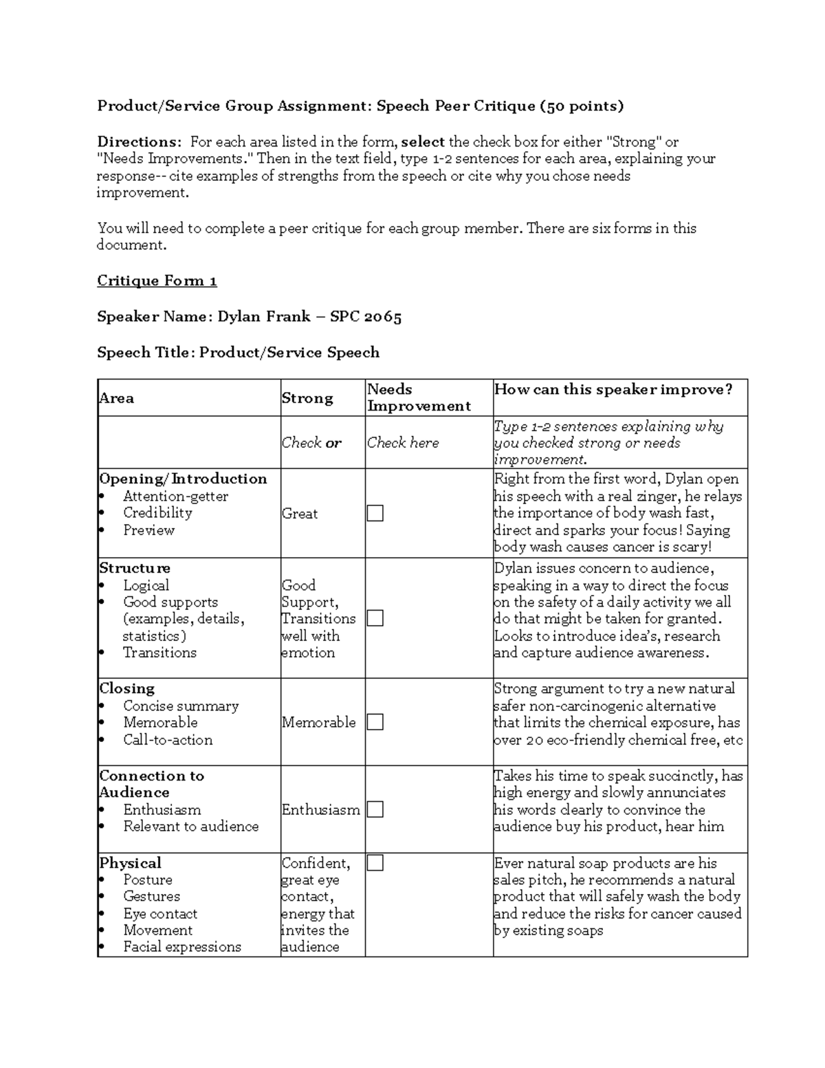 SPC 2065 - Speech Peer Critique Form - Part 1 - Product/Service Group ...