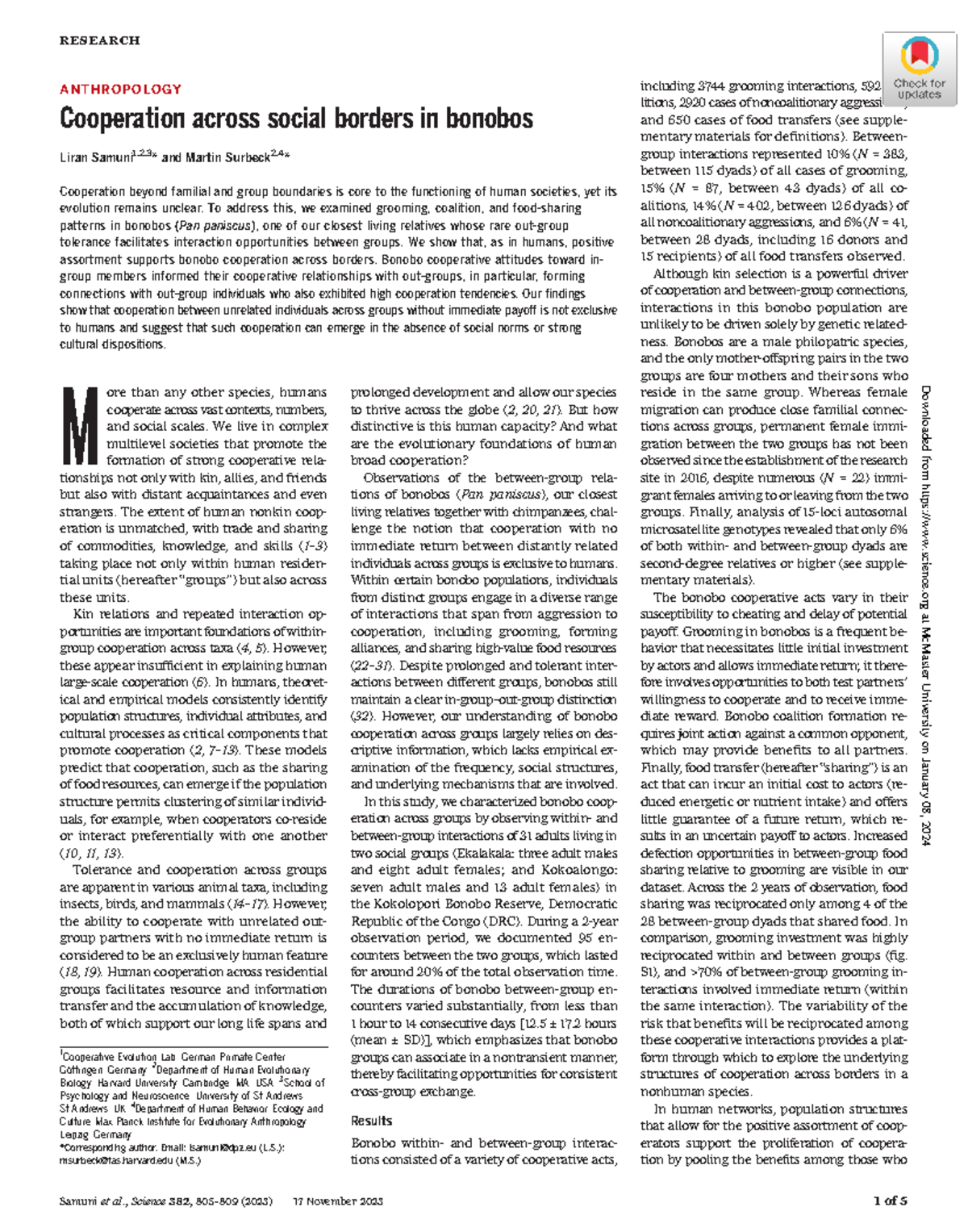 Cooperation across social borders in bonobos - ANTHROPOLOGY Cooperation ...