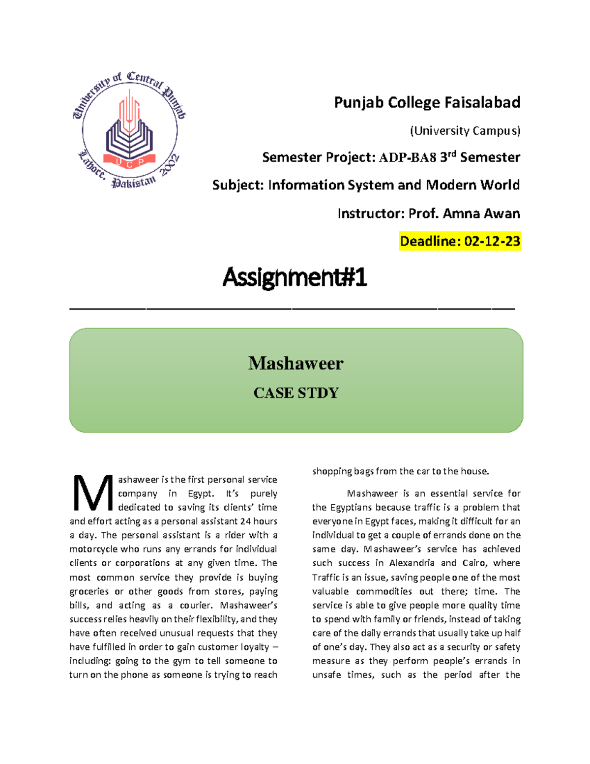 Assignments Assignment 01MIS 659466 - Punjab College Faisalabad ...