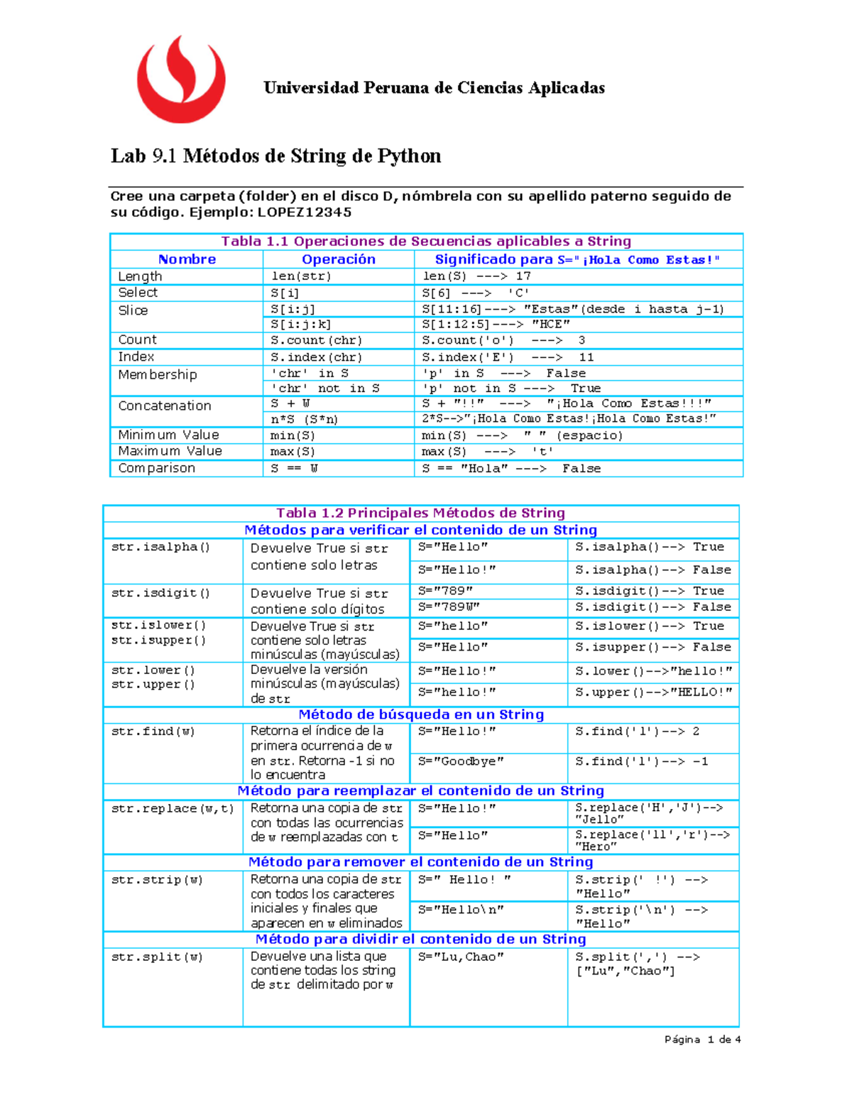 Laboratorio 9 - Página 1 de 4 Universidad Peruana de Ciencias Aplicadas Cree una carpeta (folder ...