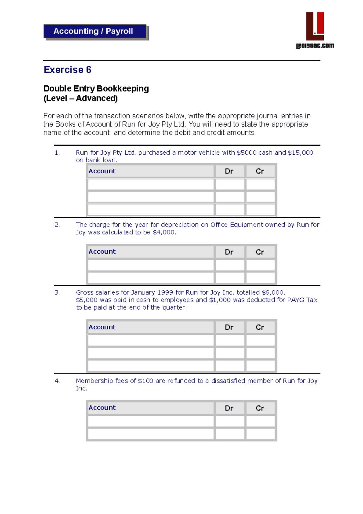 Exercise-double-entry tuần 23 - Exercise 6 Double Entry Bookkeeping ...