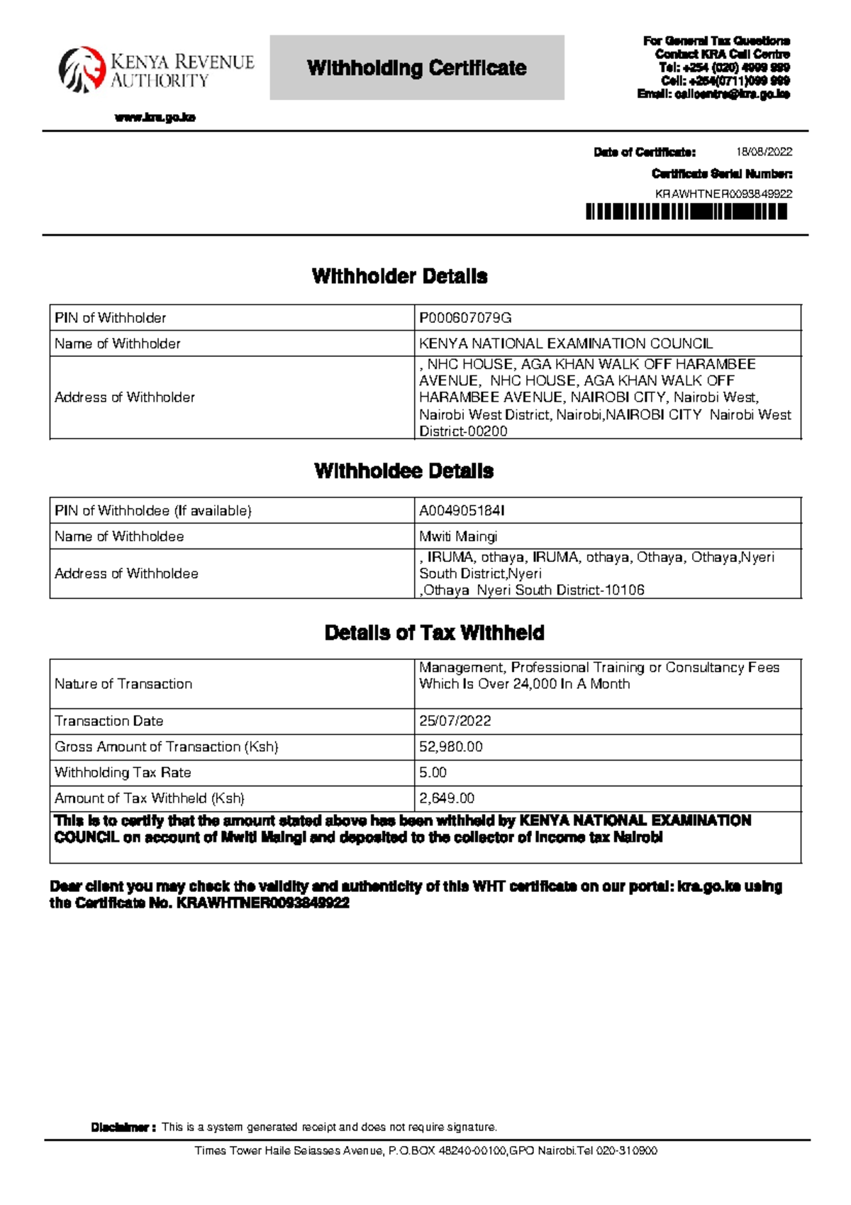 WHT Certificate - notes - For General Tax Questions Contact KRA Call ...