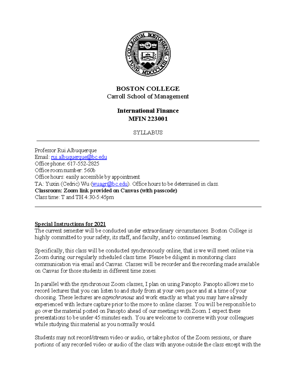 Syllabus MFIN 223001 Spring 2021 - BOSTON COLLEGE Carroll School of ...