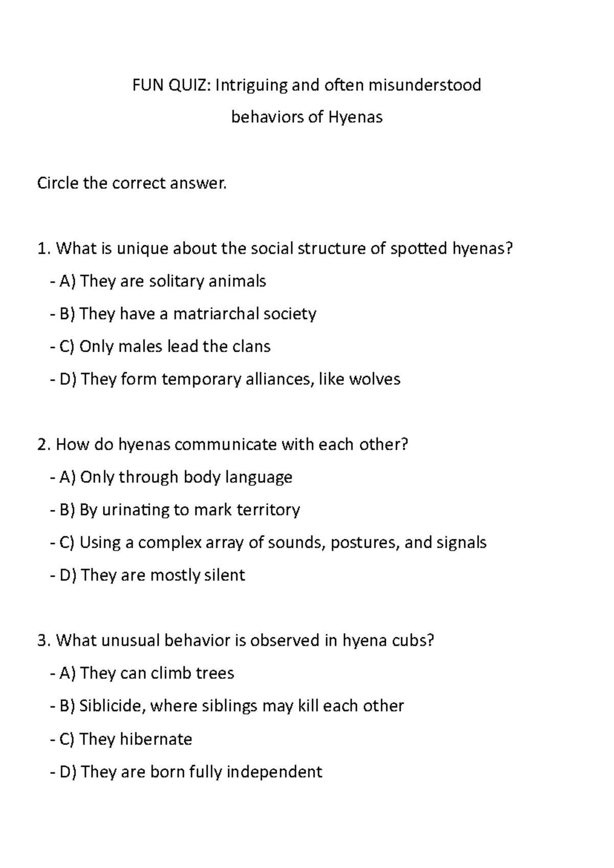 FUN QUIZ Intriguing behavior of Hyenas - FUN QUIZ: Intriguing and often ...