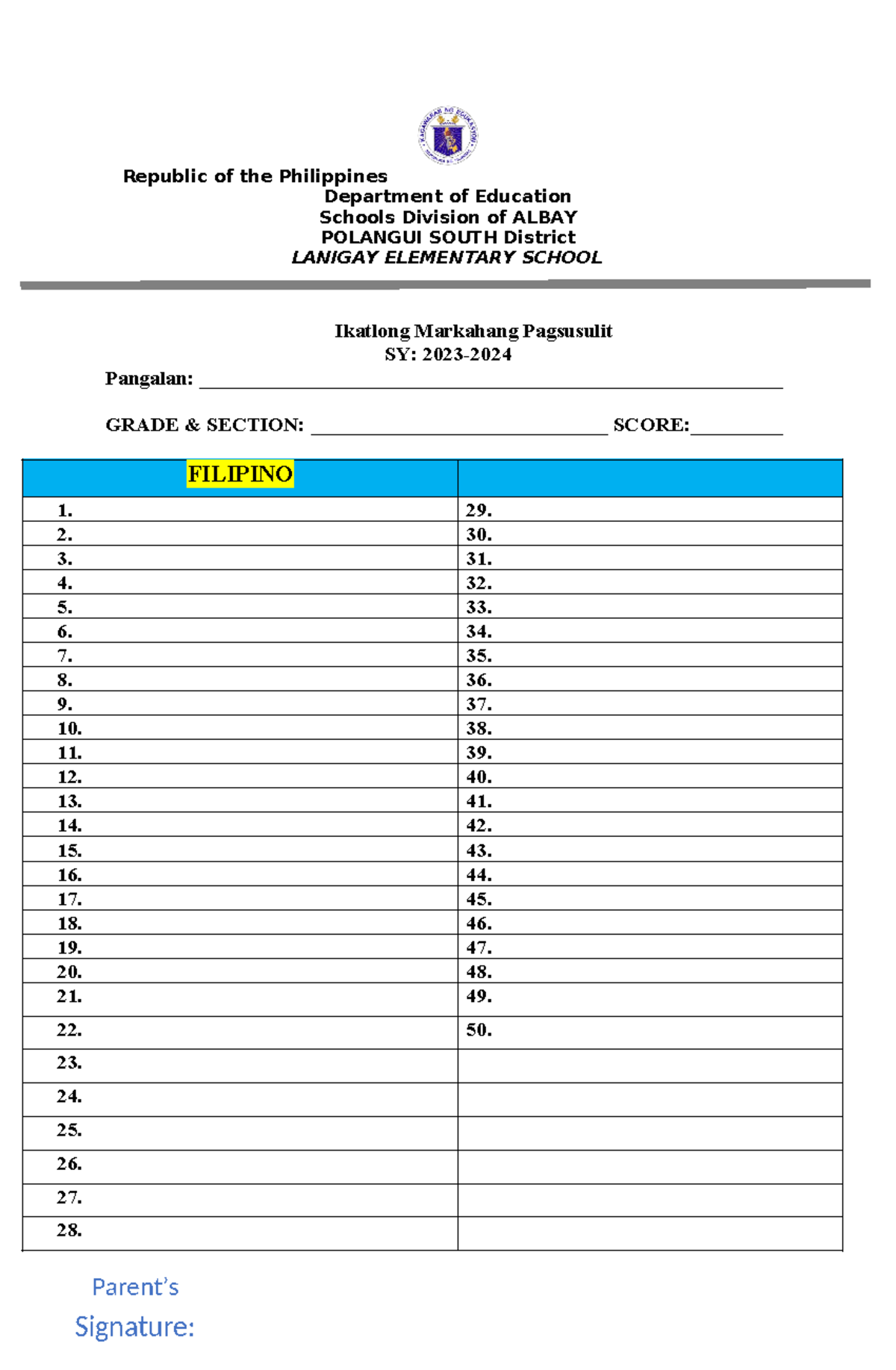 Answer-sheet-dove - Republic of the Philippines Department of Education ...