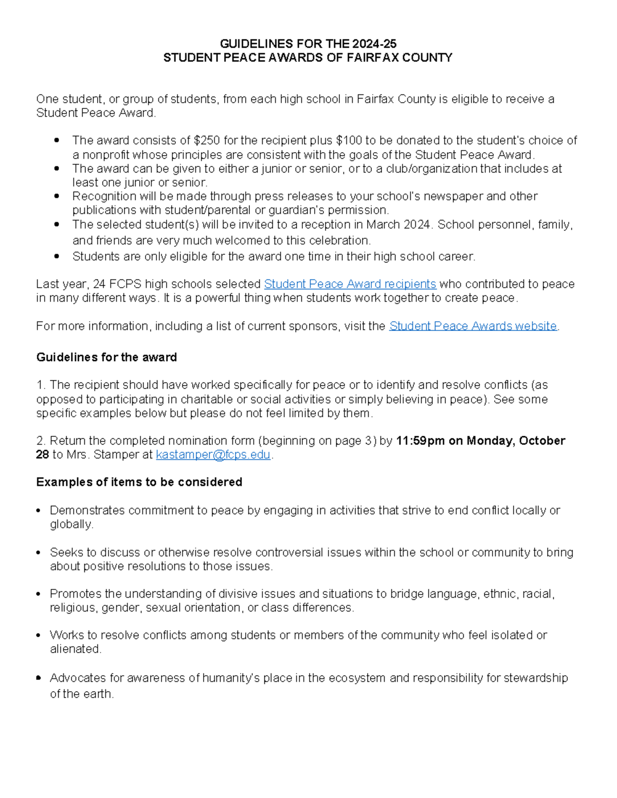 Student Peace Award Self-Nom Form - GUIDELINES FOR THE 2024- STUDENT ...