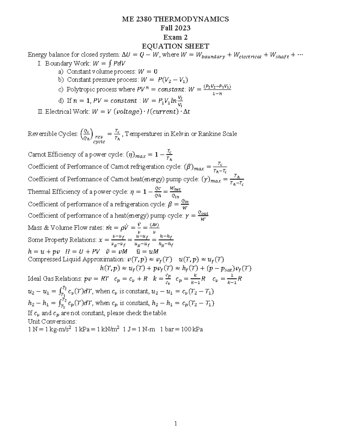 Equation Sheet 2 - accu - 1 ME 2380 THERMODYNAMICS Fall 2 023 Exam 2 ...
