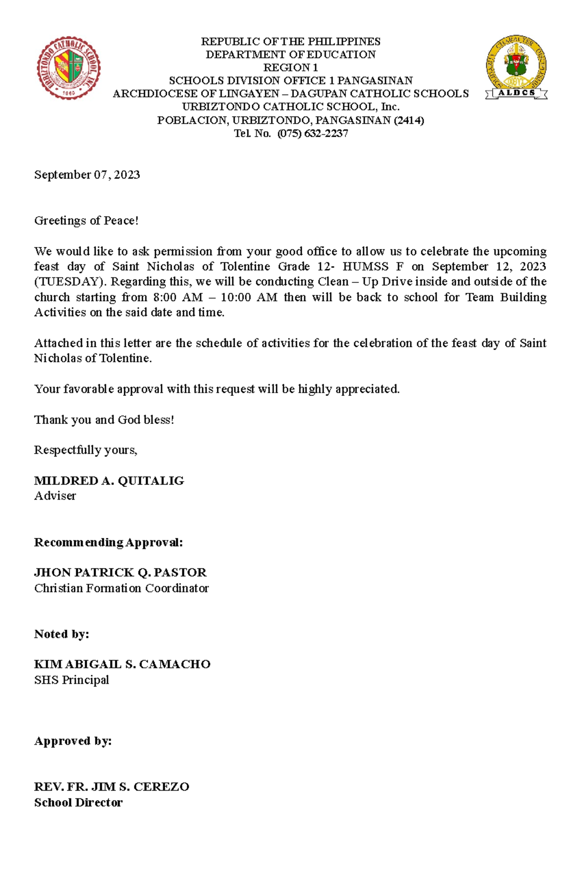 Letter FOR Feast DAY - REPUBLIC OF THE PHILIPPINES DEPARTMENT OF ...