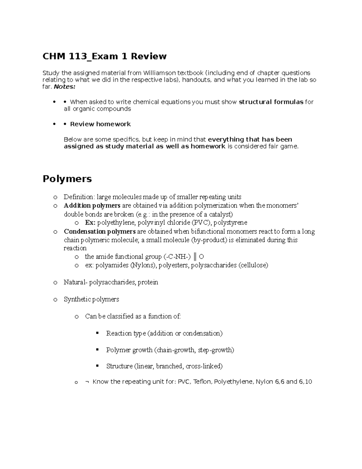 Ch113 exam 1 review - CHM 113_Exam 1 Review Study the assigned material from Williamson textbook ...