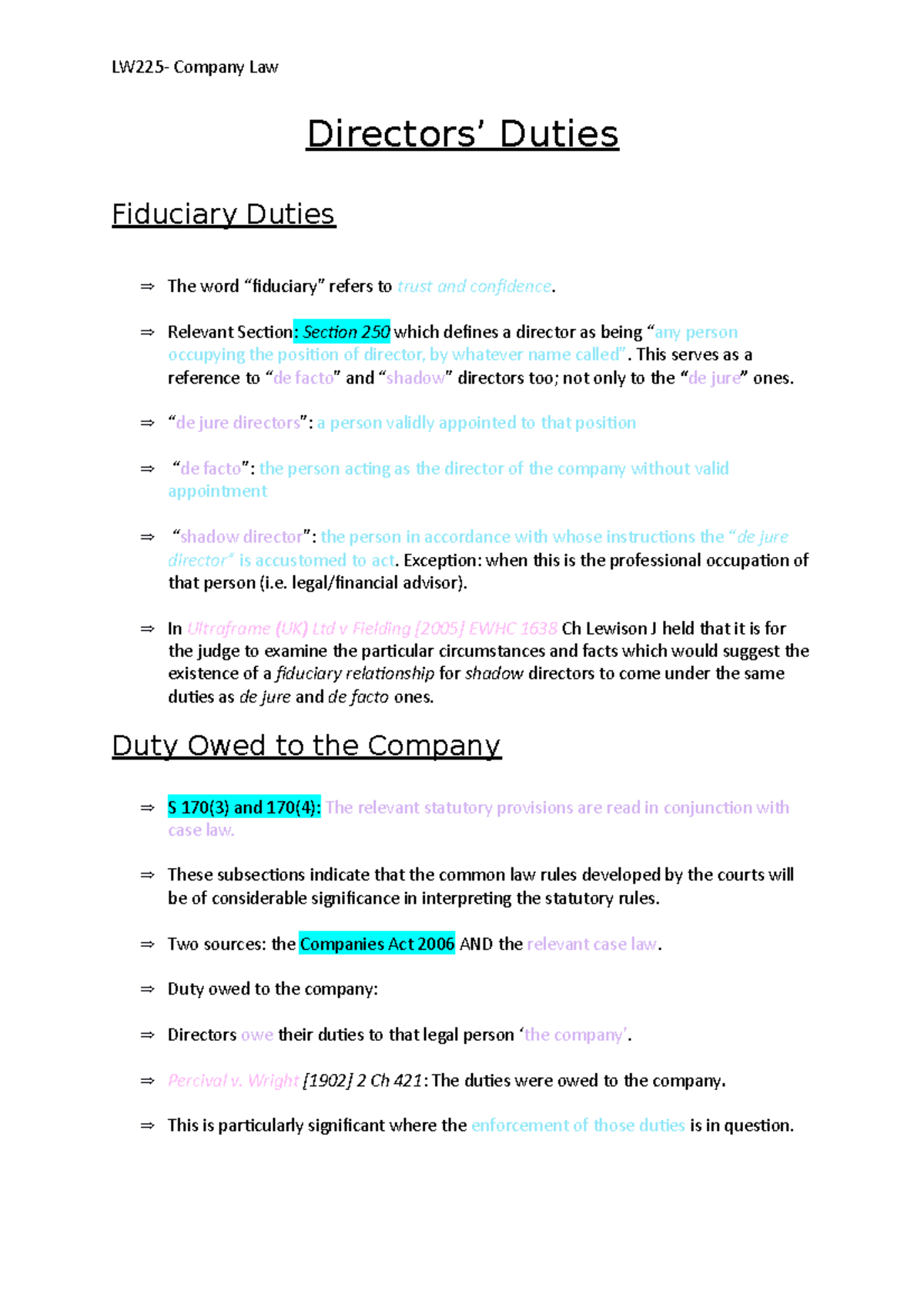 Directors - lecture notes company - Directors’ Duties Fiduciary Duties ...